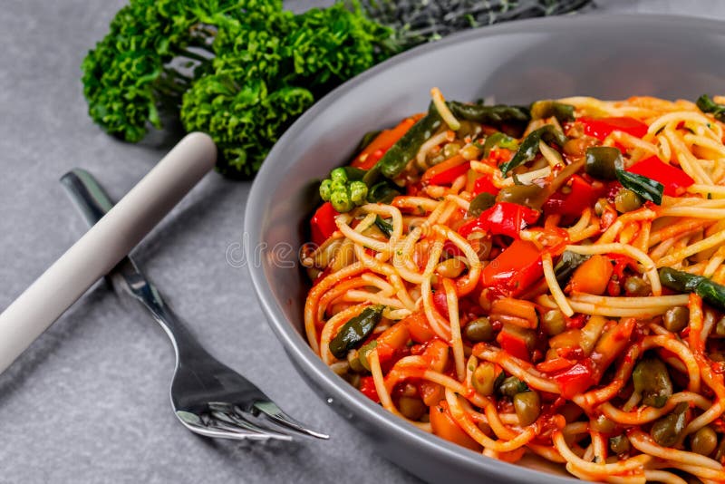 African Traditional Spaghetti Pasta with Spicy Sauce and Vegetable ...