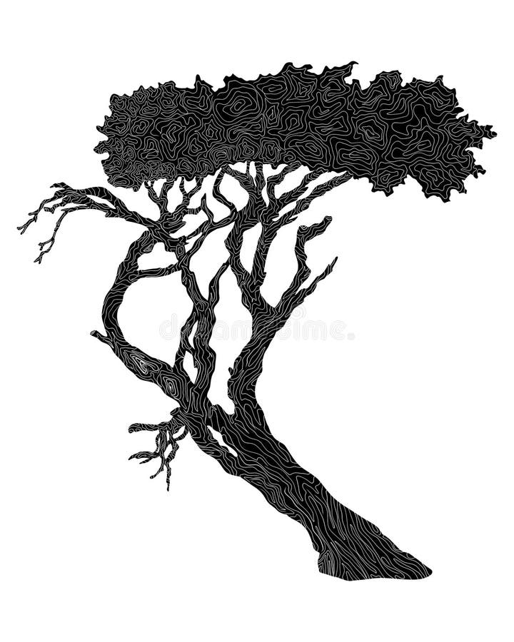 African Tree Black Silhouette in Linocut Style Vector Stock ...
