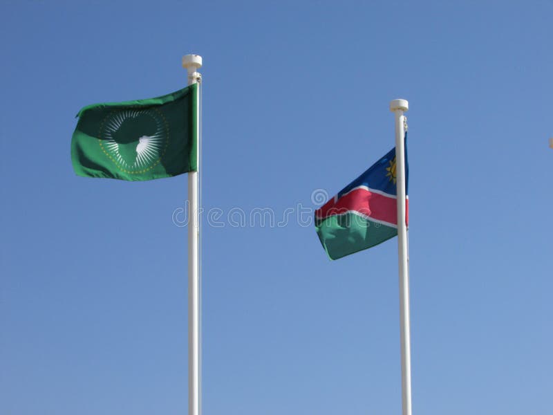African Union and Namibian Flags Waving in the Wind Stock Image - Image ...