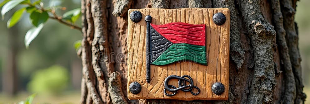 African Unity Flag on Tree Bark with Symbolic Wooden Plaque Stock Image ...