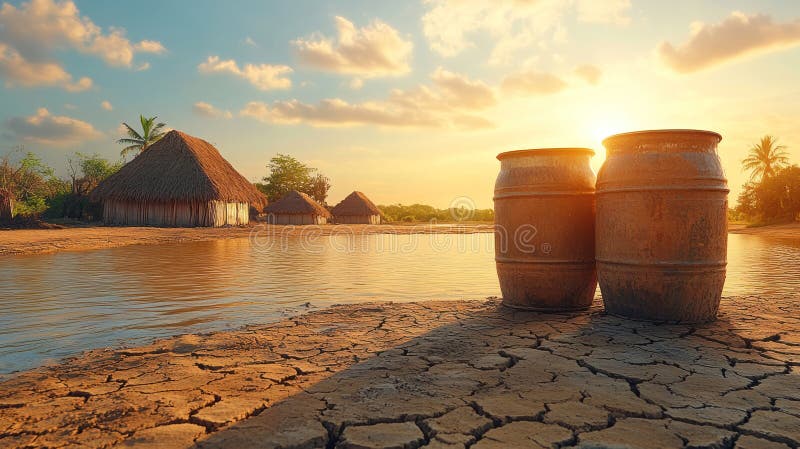 African Village Drought, Water Barrels Stock Illustration ...