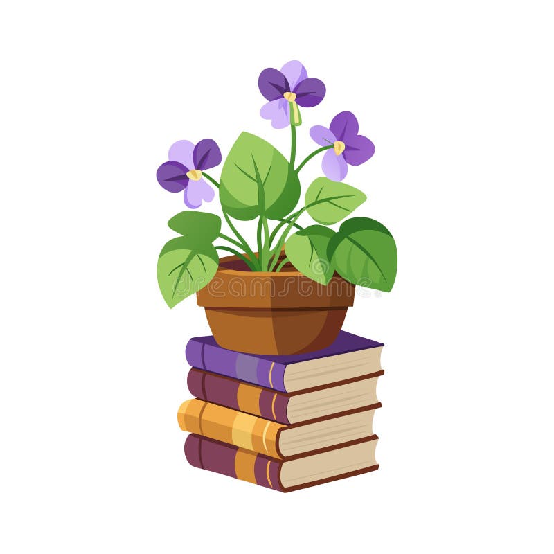 African Violets in Pot on Stack of Books Illustration Stock Vector ...