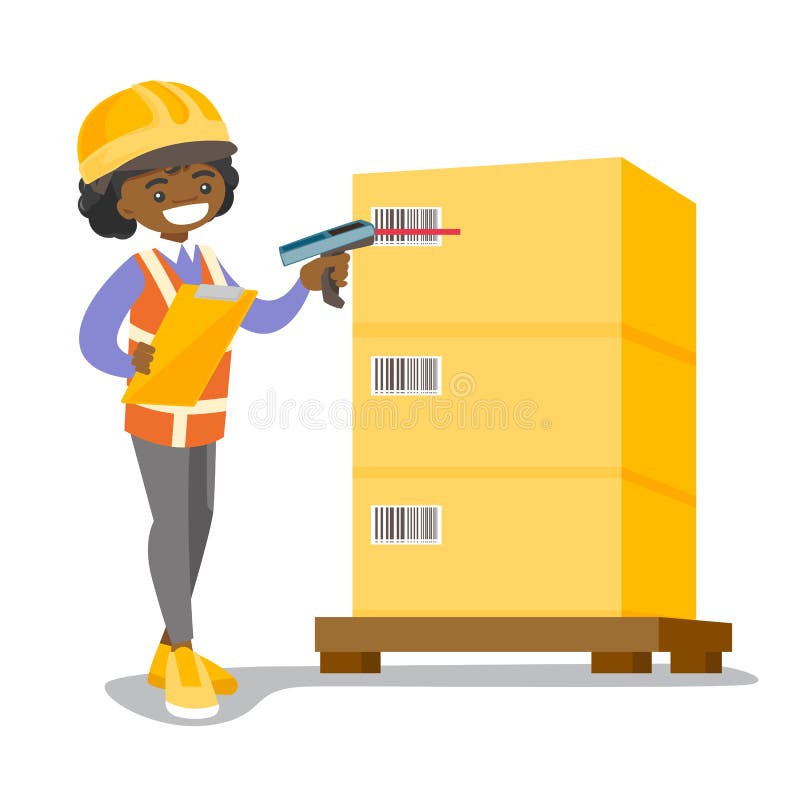 African Warehouse Worker Scanning Barcode on Box. Stock Vector ...