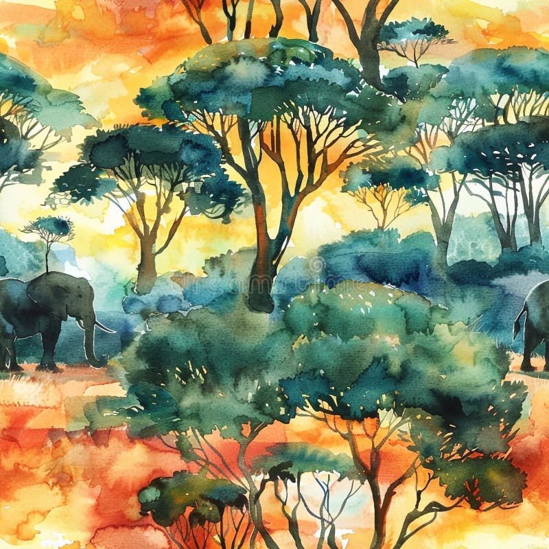 African Watercolor Pattern with Trees and Elephant Stock Illustration ...