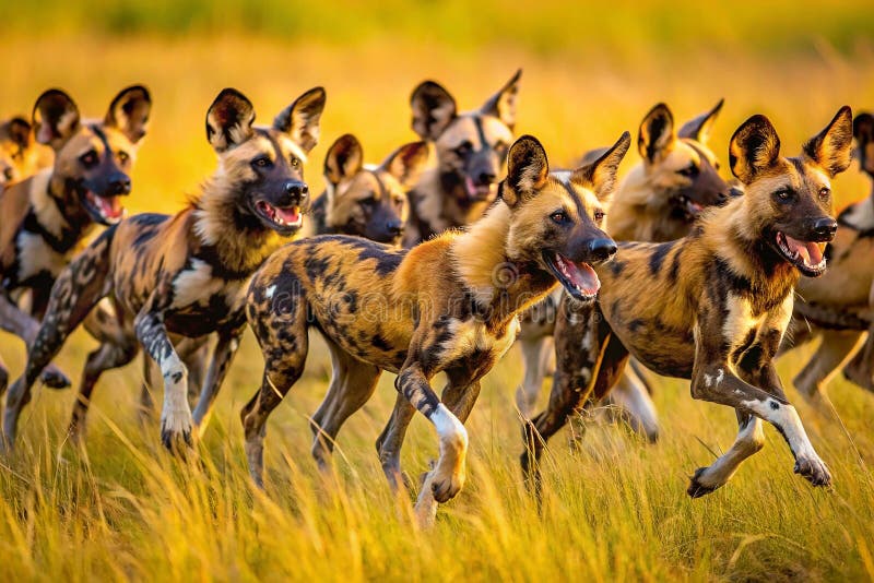 African Wild Dogs Running in Savanna at Sunset Stock Illustration ...