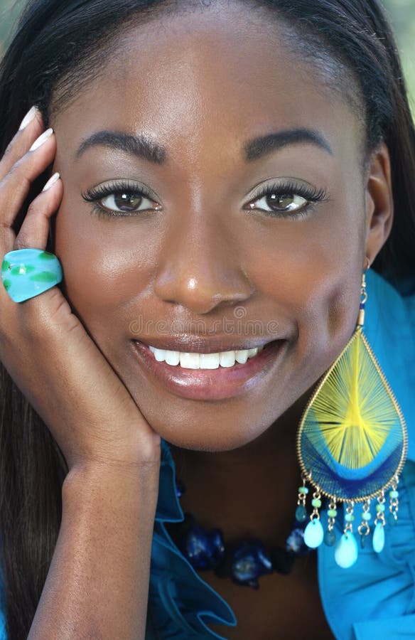 African Woman Blue: Smiling and Happy Face Stock Photo - Image of ...