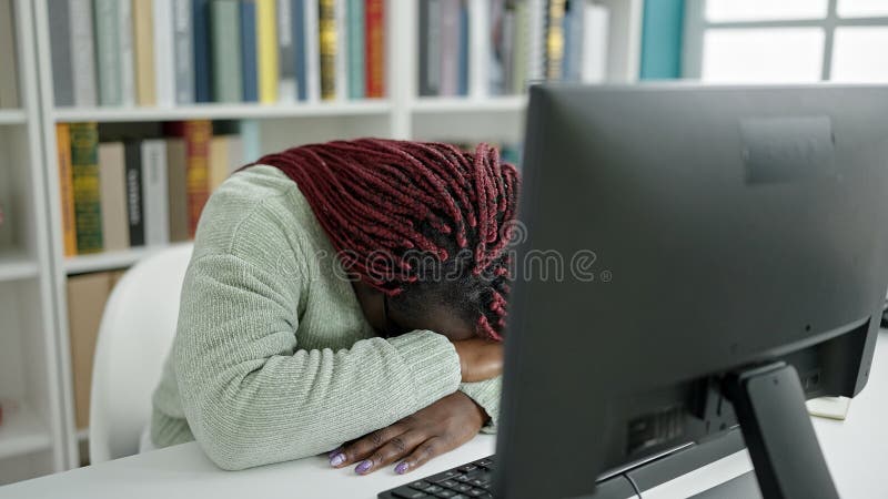 African Woman with Braided Hair Student Sleeping by Computer at ...