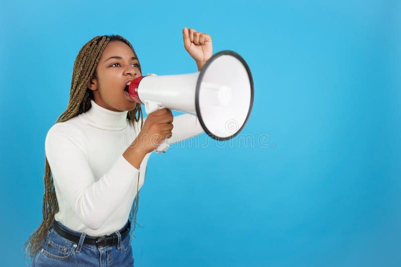 Angry African Woman Shouting Using a Megaphone Stock Photo - Image of ...