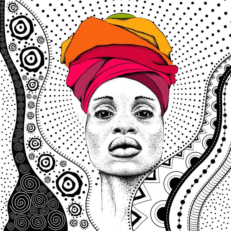 African Woman With African In Turban Tribal Background Beautiful