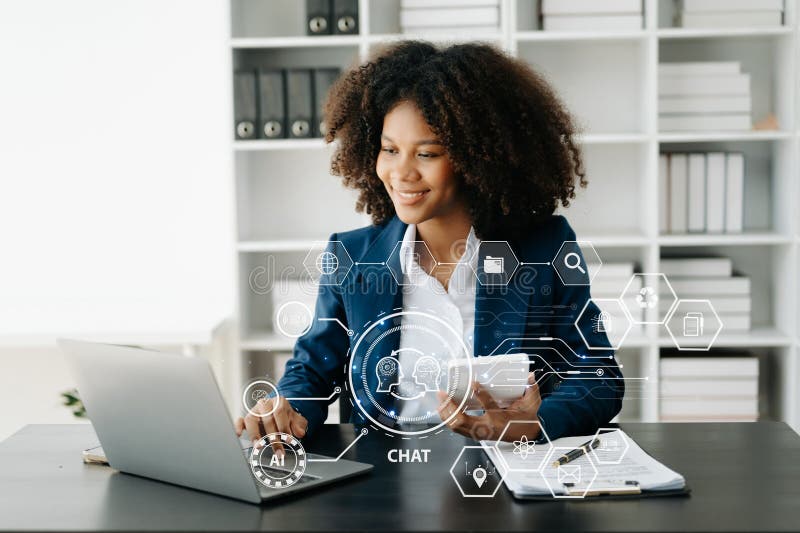 African Woman Using Chat Bot in Smartphone Intelligence Ai. Chat with ...