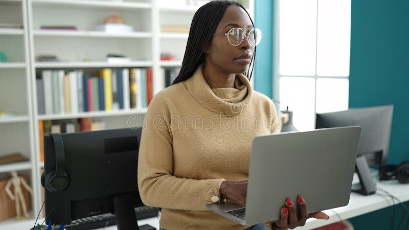 African Woman Using Laptop at Library University Stock Image - Image of ...