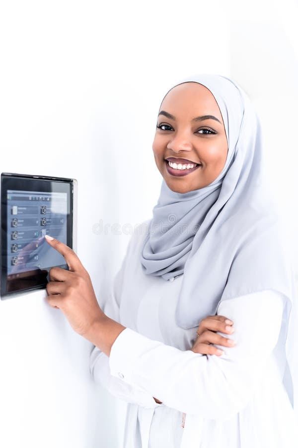 African Woman Using Smart Home Screen Stock Image - Image of indoors ...