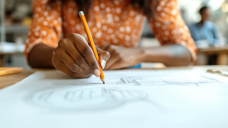 African Young Woman Drawing with Pencil on Paper in Creative Workshop ...