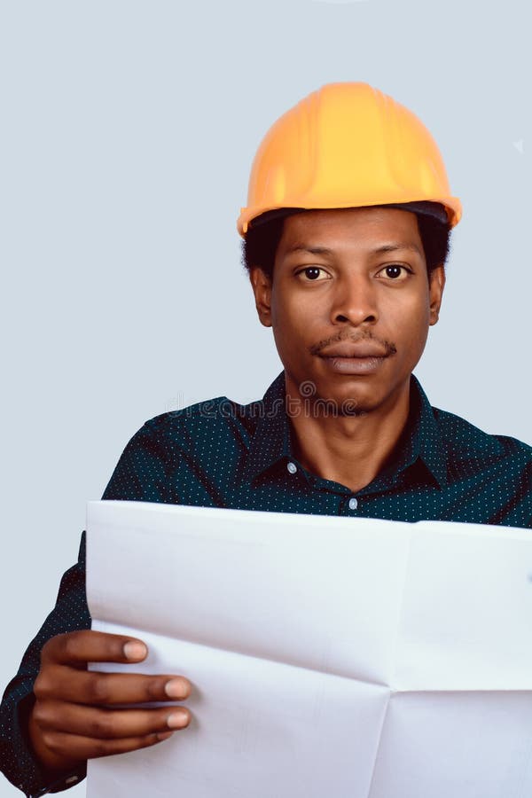 Afro American Architect in Hard Hat with Blueprint Stock Photo - Image ...