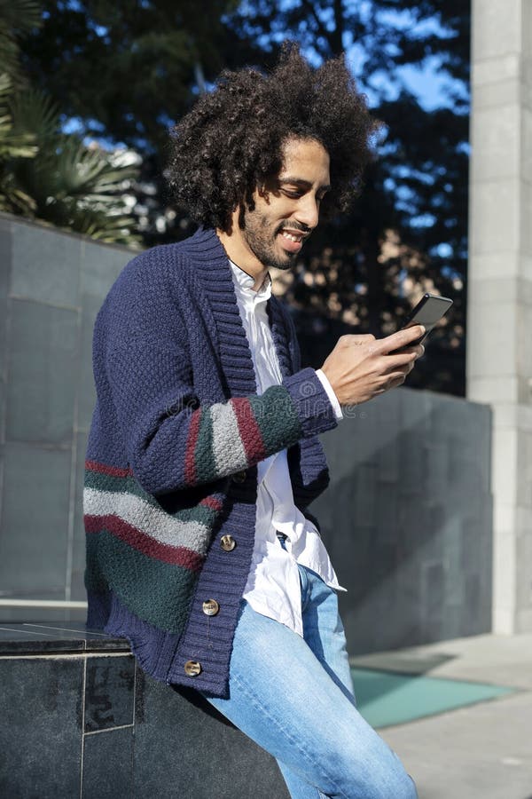 Afro Man Using Mobile Phone on Street Stock Photo - Image of confidence ...