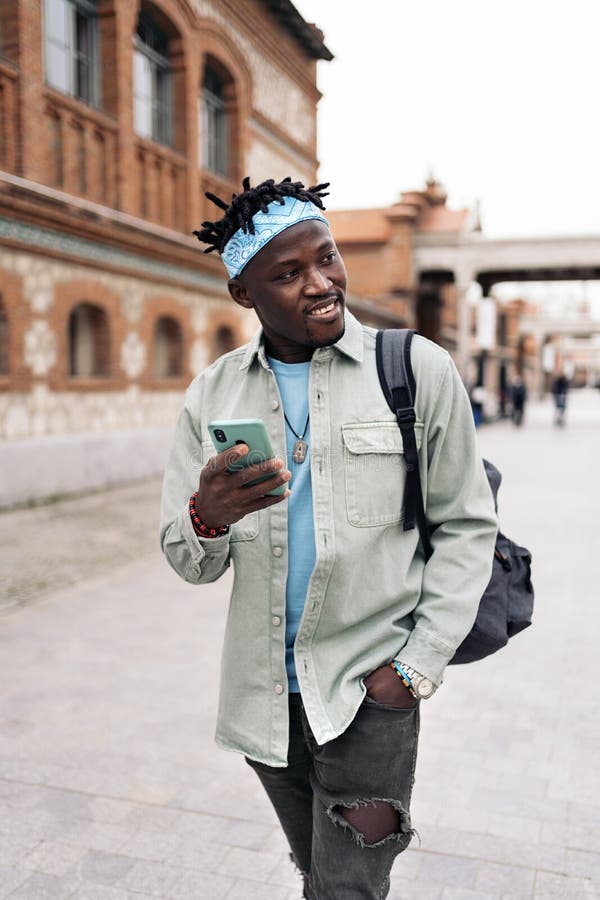 Afro Man Using Phone stock photo. Image of outside, portrait - 265105576