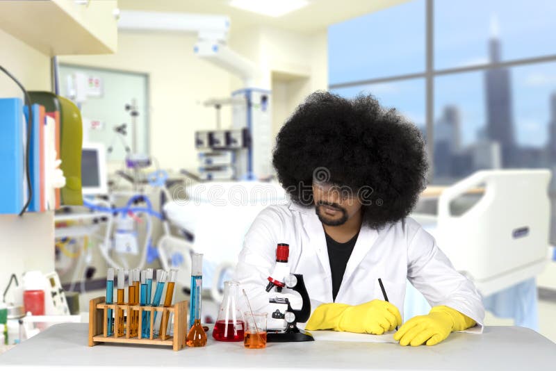 Afro Scientist Writes Observation Report Stock Image - Image of glasses ...