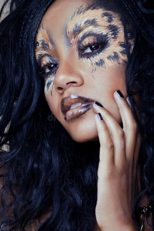 Afro Woman with Leopard Make Up Stock Image - Image of imitation ...