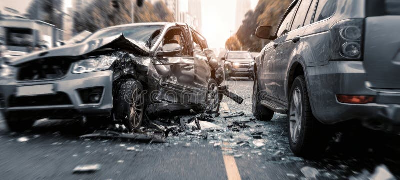 The Aftermath of a Car Collision in an Urban Setting with Debris ...