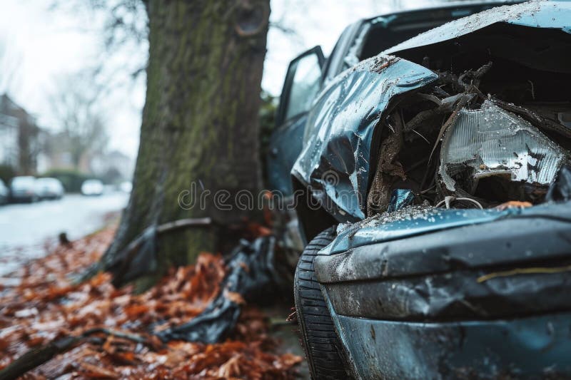 Aftermath of a Car Crashing into a Tree on Roadside Stock Image - Image ...