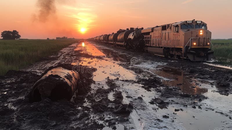 Aftermath of Cargo Train Derailment at Sunset with Environmental Impact ...