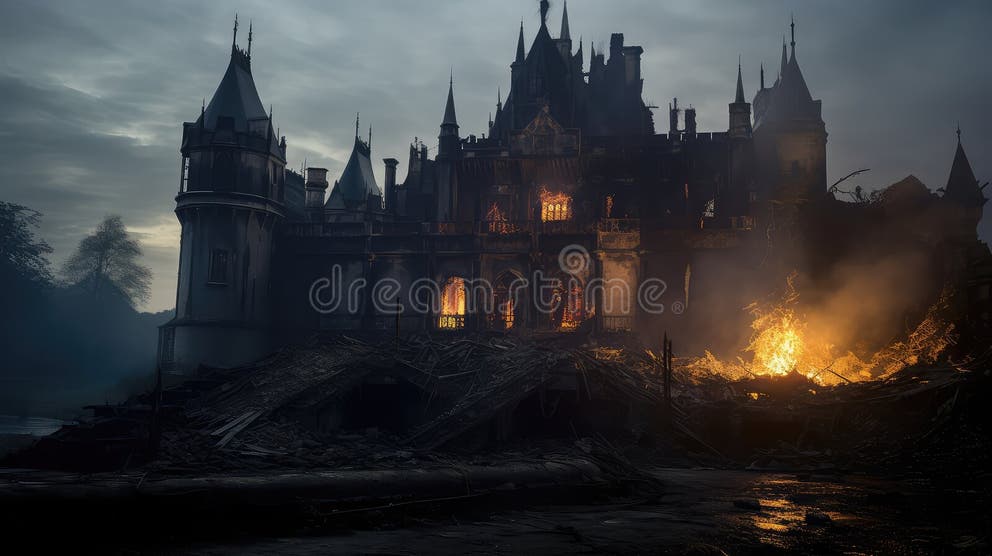 Aftermath castle on fire stock illustration. Illustration of scorched ...