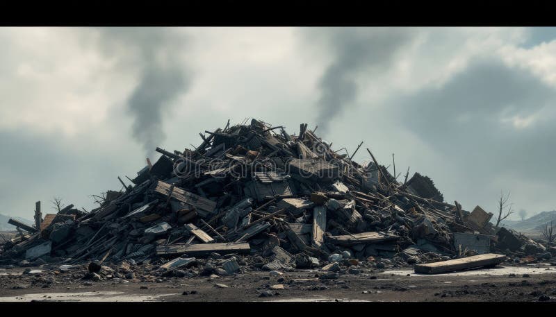 Aftermath of Destruction: a Devastating Pile of Rubble and Smoke in a ...