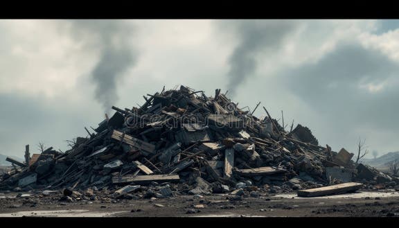 Aftermath of Destruction: a Devastating Pile of Rubble and Smoke in a ...