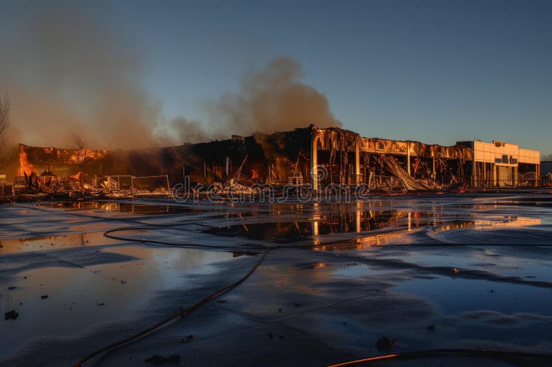 Aftermath of a Devastating Commercial Fire at Dusk Stock Photo - Image ...