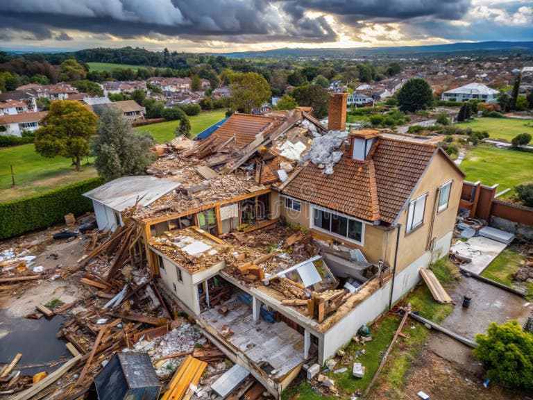 Aftermath of a Devastating Explosion Aerial Perspective of a Completely ...