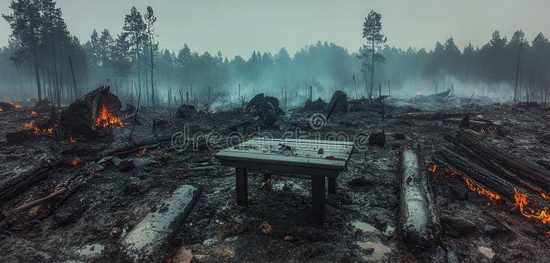 Aftermath of a Devastating Fire Burning Trees and Picnic Table in a ...