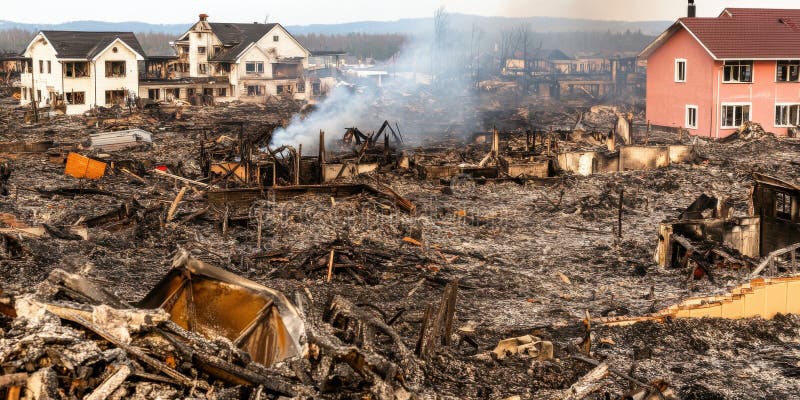 Aftermath of a Devastating Fire in Residential Area with Burned Homes ...