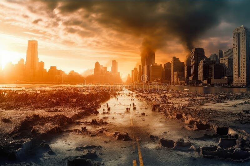 Aftermath of an End of a Global Warming, Cracked Earth and the City in ...