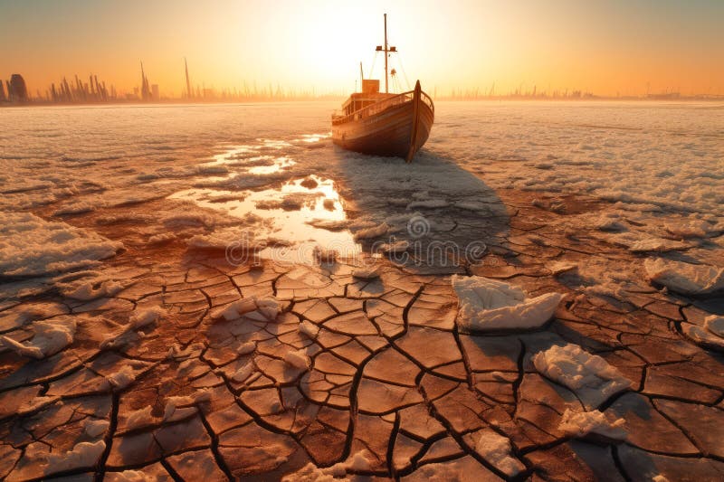 Aftermath of an End of a Global Warming, Ship on Parched Earth with ...