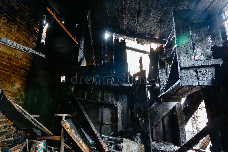 Aftermath of Fire. Completely Burnt House Interior Stock Image - Image ...