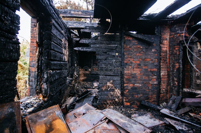 Aftermath of Fire. Completely Burnt House Interior Stock Image - Image ...