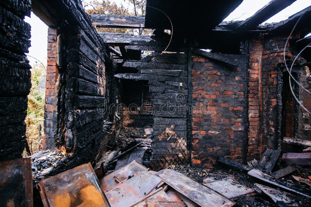 Aftermath of Fire. Completely Burnt House Interior Stock Image - Image ...