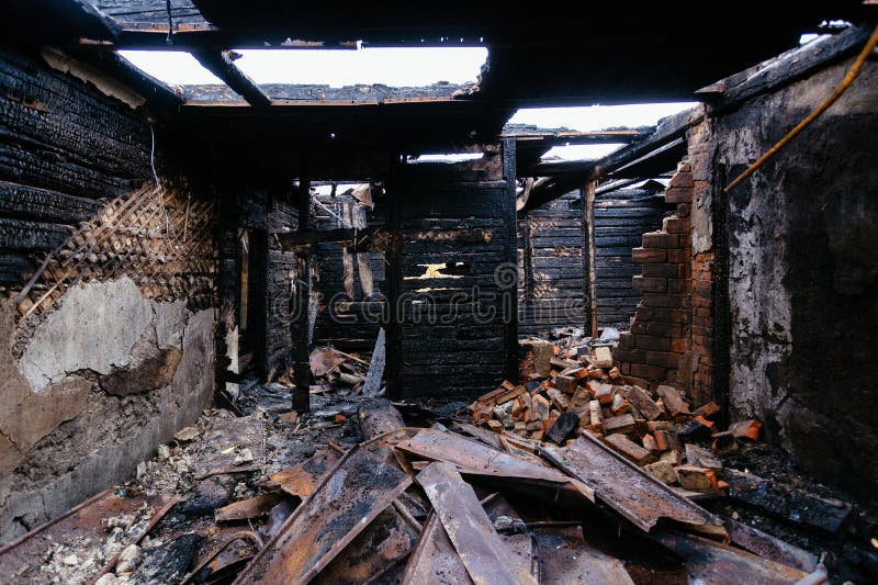 Aftermath of Fire. Completely Burnt House Interior Stock Photo - Image ...