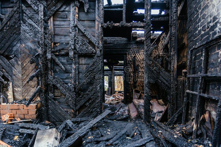 Aftermath of Fire. Completely Burnt House Interior Stock Photo - Image ...