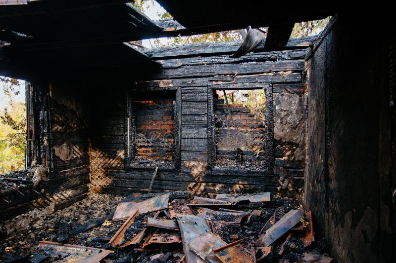 Aftermath of Fire. Completely Burnt House Interior Stock Photo - Image ...