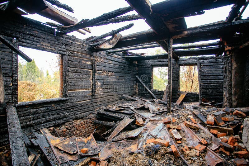Aftermath of Fire. Completely Burnt House Interior Stock Photo - Image ...