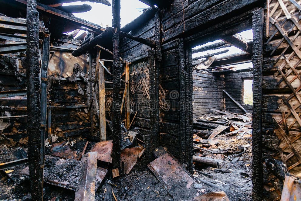 Aftermath of Fire. Completely Burnt House Interior Stock Photo - Image ...