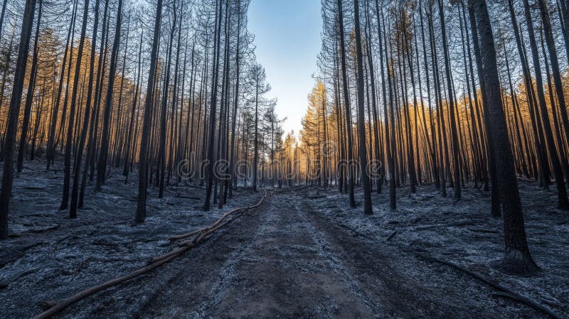 Aftermath of a Forest Fire Revealing Charred Trees and a Dirt Path ...