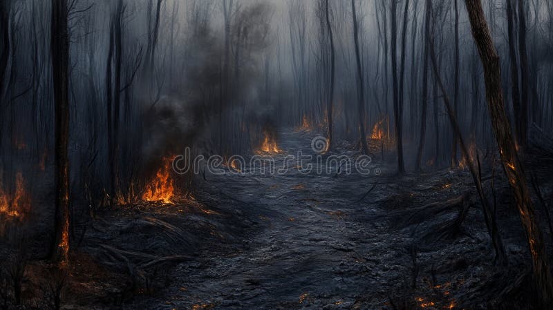 Aftermath of a Forest Fire with Smoldering Trees and Burnt Ground in a ...