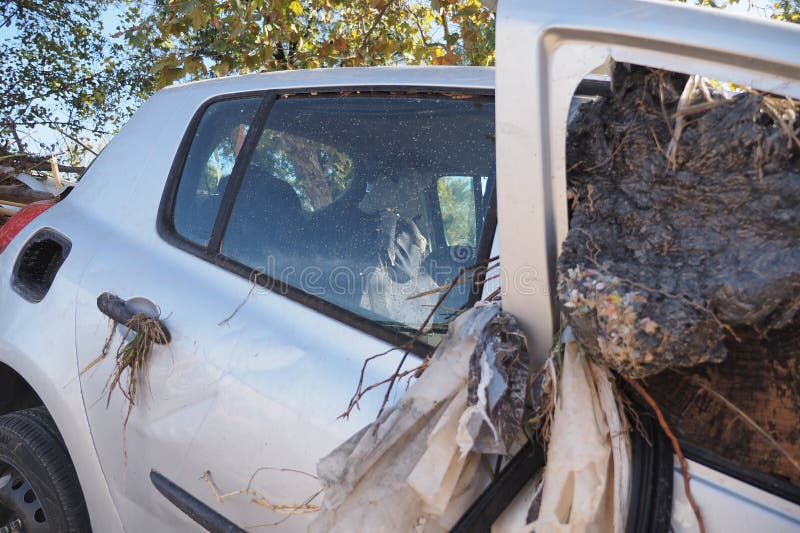 The Aftermath of Hurricane Dana in Valencia, Spain - Car Destroyed by ...