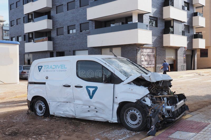 The Aftermath of Hurricane Dana in Valencia, Spain - Smashed White Van ...