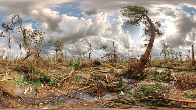 Aftermath of Hurricane, Destroyed Forest Landscape Under Scenic Cloudy ...