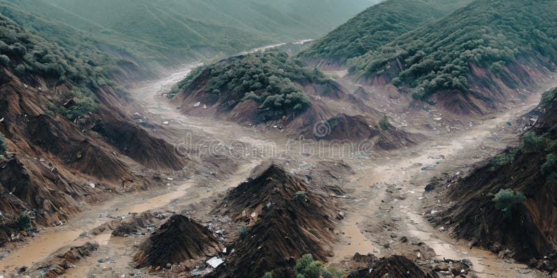 The Aftermath of a Massive Landslide in a Mountainous Region Stock ...