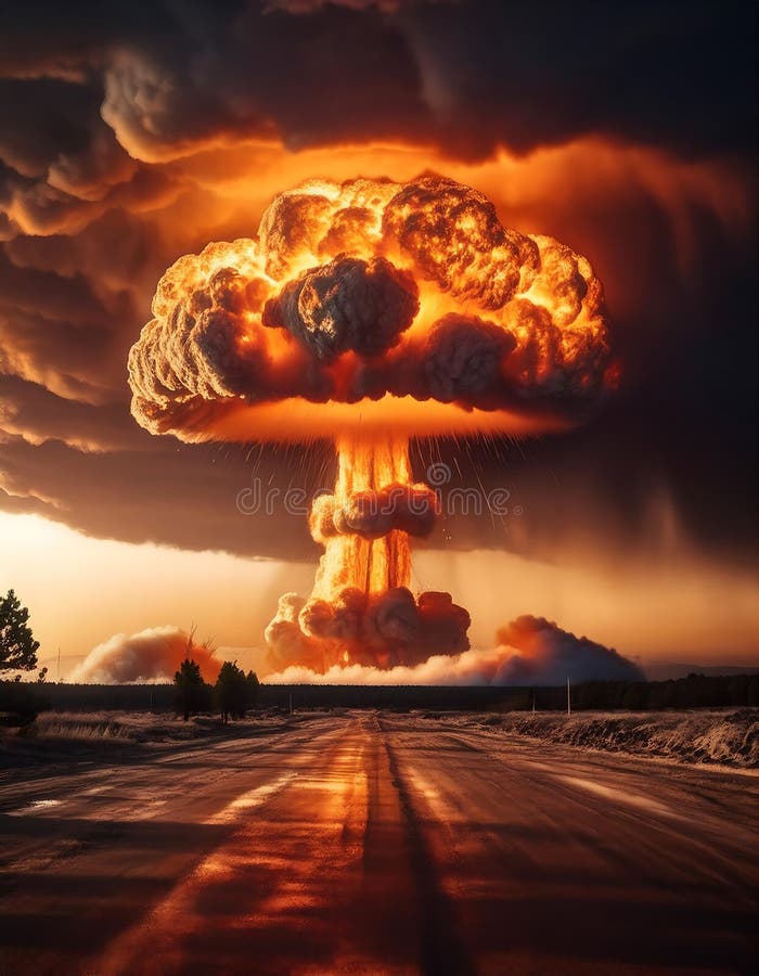 Aftermath of a Nuclear Explosion with a Giant Mushroom Cloud and Fiery ...