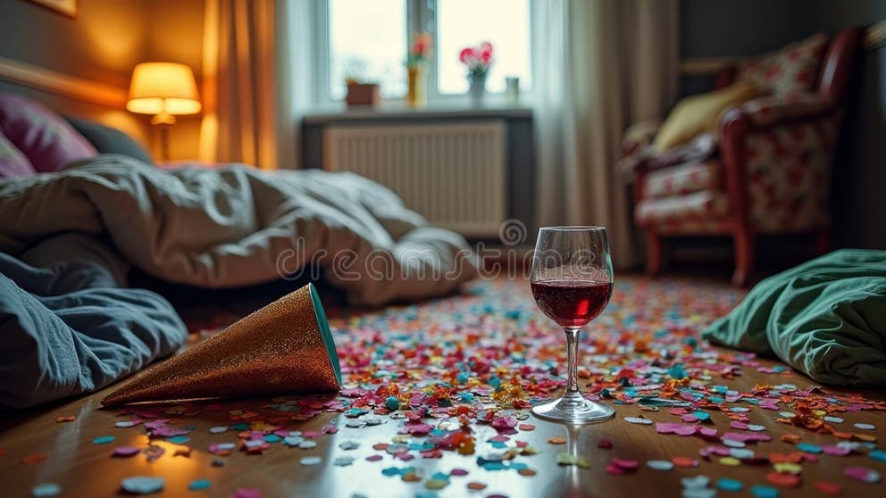 Aftermath of a Party: Messy Room with Wine Glass and Confetti Stock ...